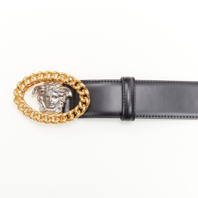 new VERSACE La Medusa Insignia silver gold chain buckle black belt ...