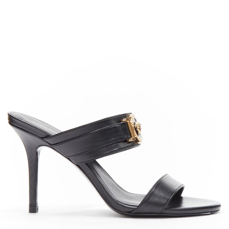 new VERSACE Medusa Tribute gold buckle black leather high heel sandal ...