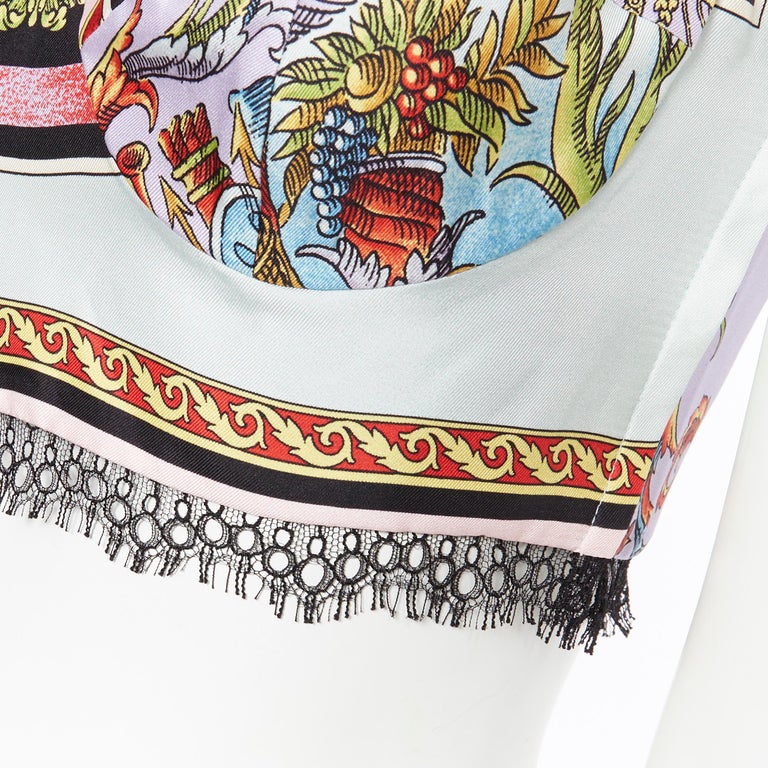 new VERSACE multi printed baroque cupid silk black lace strap bustier ...