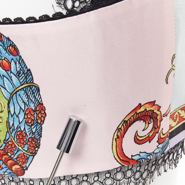 new VERSACE multi printed baroque cupid silk black lace strap bustier ...