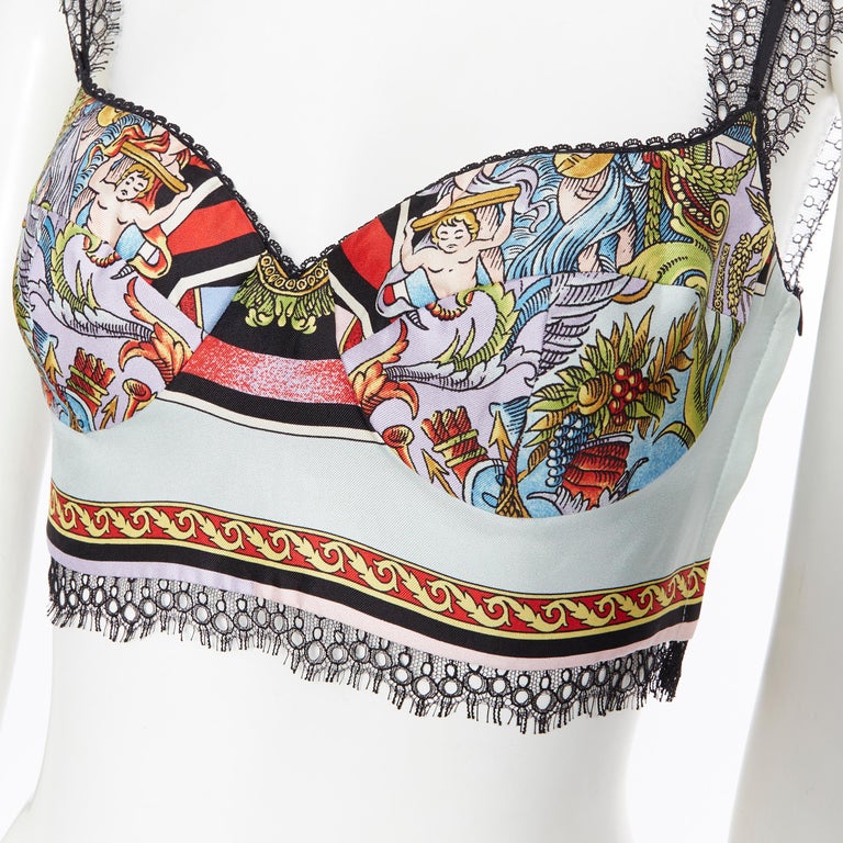new VERSACE multi printed baroque cupid silk black lace strap bustier ...