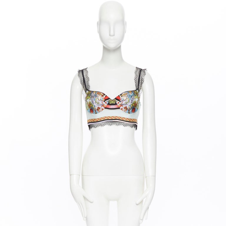 new VERSACE multi printed baroque cupid silk black lace strap bustier ...