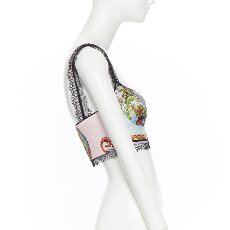 new VERSACE multi printed baroque cupid silk black lace strap bustier ...