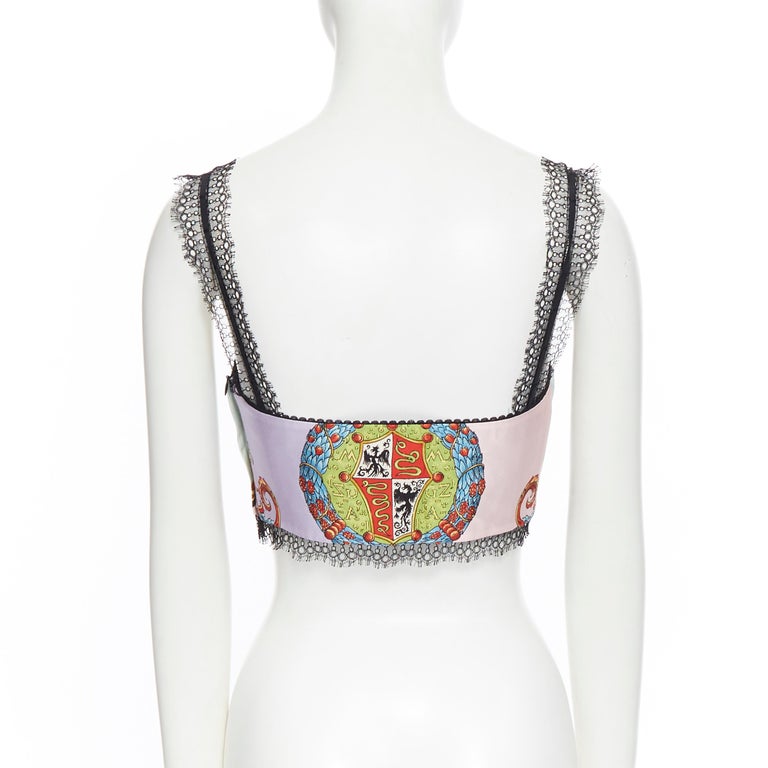 new VERSACE multi printed baroque cupid silk black lace strap bustier ...