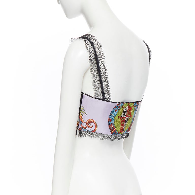 new VERSACE multi printed baroque cupid silk black lace strap bustier ...