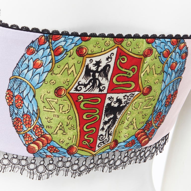 new VERSACE multi printed baroque cupid silk black lace strap bustier ...