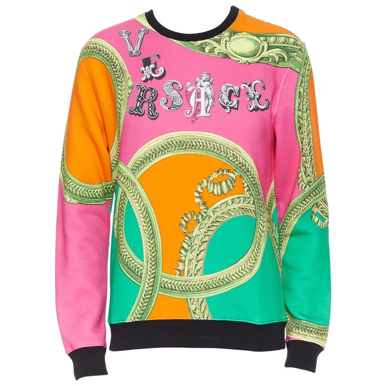 new VERSACE neon pink green cupid logo gold barocco pullover jumper ...