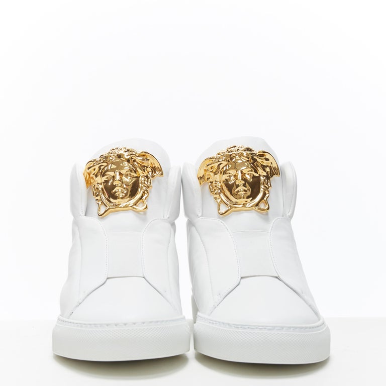 new VERSACE Palazzo gold Medusa white calfskin leather high top sneaker ...