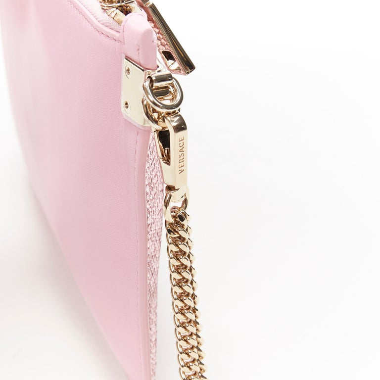 new VERSACE pink strass crystal gold Medusa chain wristlet clutch ...
