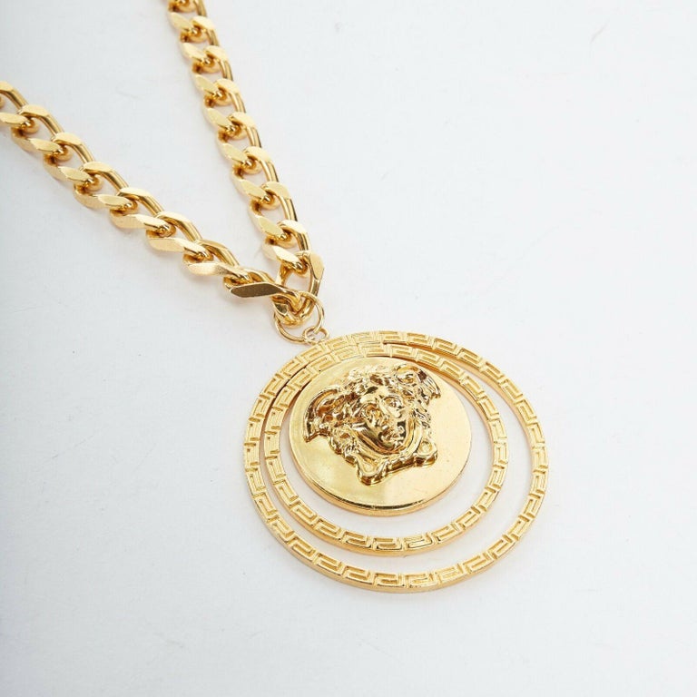 new VERSACE polished gold Medusa medallion triple halo chunky chain ...