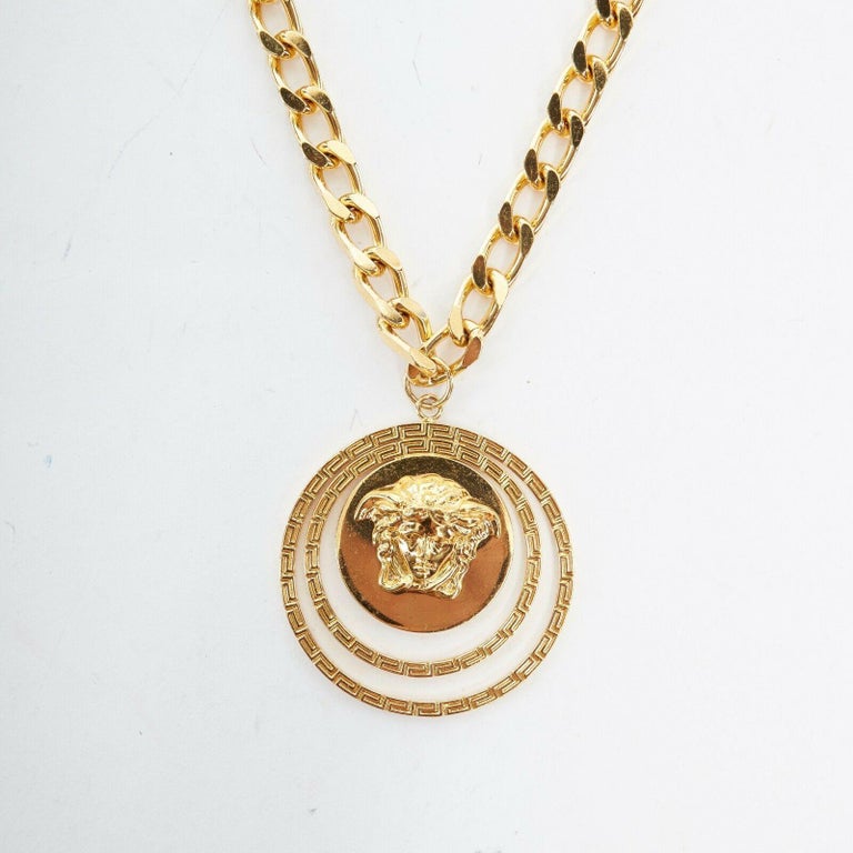 new VERSACE polished gold Medusa medallion triple halo chunky chain ...