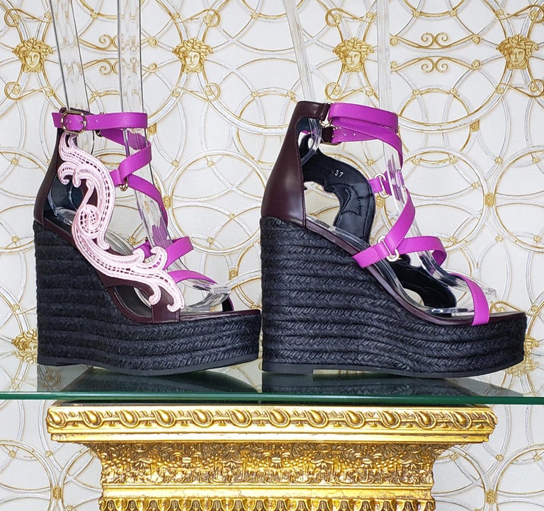 NEW VERSACE PURPLE LEATHER and PINK LACE WEDGE SANDALS 37, 37.5, 38.5 ...
