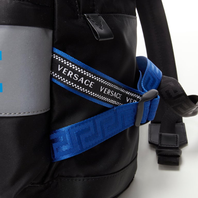 new VERSACE Reflective Logo black nylon blue Greca nylon strap backpack ...