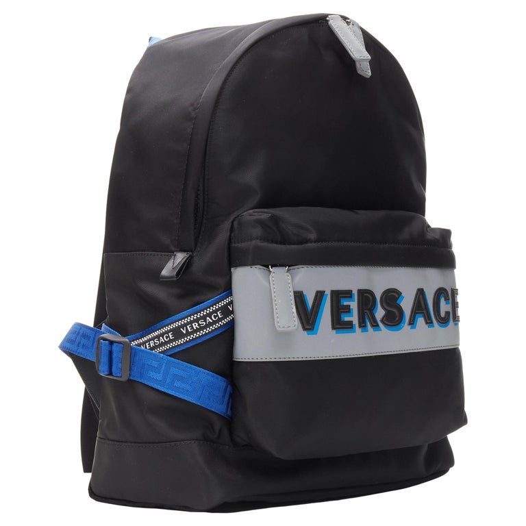 new VERSACE Reflective Logo black nylon blue Greca nylon strap backpack ...