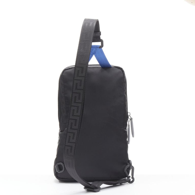 new VERSACE reflective logo black nylon Greca single strap small ...
