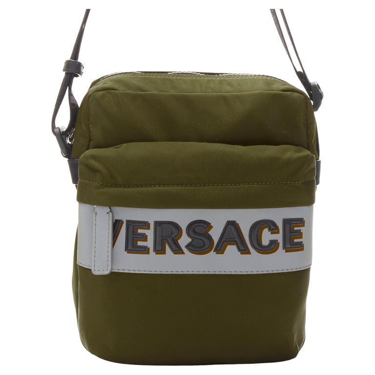 new VERSACE reflective logo green nylon Greca strap crossbody messenger ...