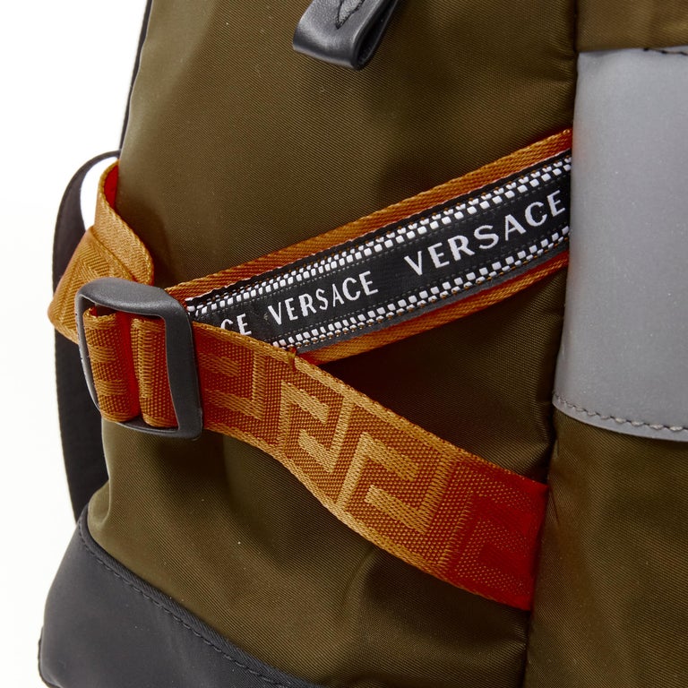 new VERSACE Reflective Logo green nylon orange Greca strap backpack For ...