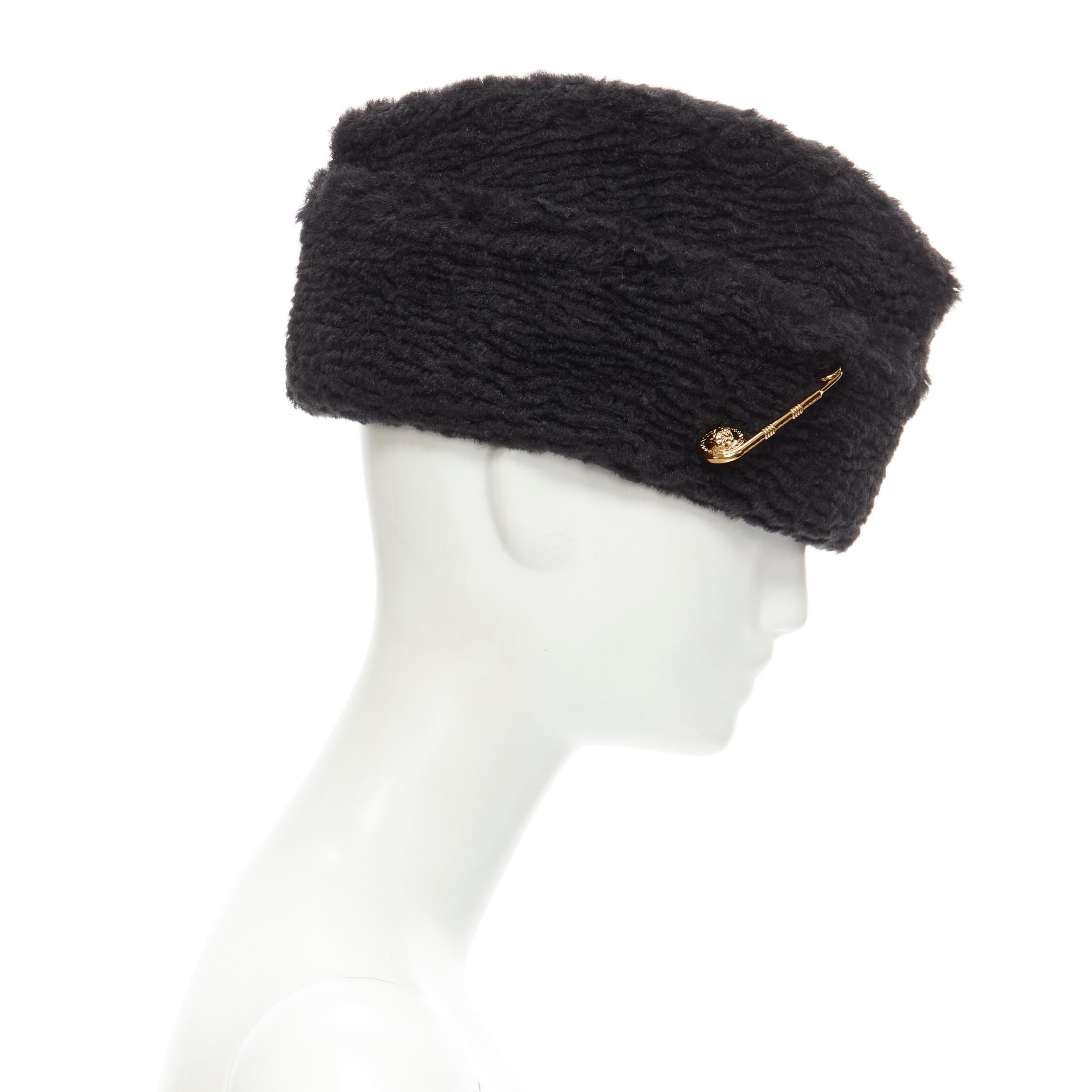 new VERSACE Runway black faux fur gold Medusa safety pin hat 57cm M 7 1 ...