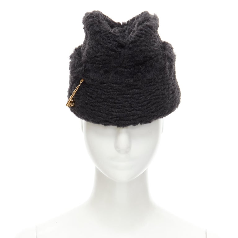 new VERSACE Runway black faux fur gold Medusa safety pin hat 58cm M 7 1 ...