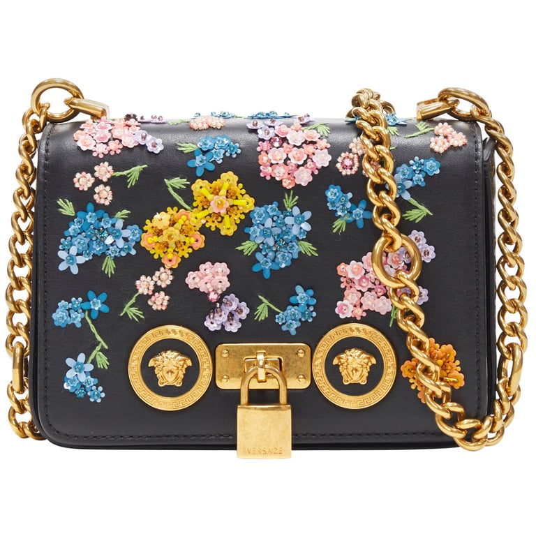new VERSACE Runway Mini Icon black floral embellished Medusa small ...