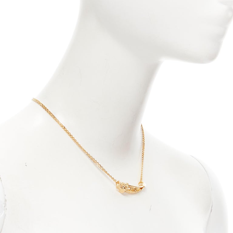 new VERSACE Safety Pin Medusa pendant gold tone nickel short necklace ...