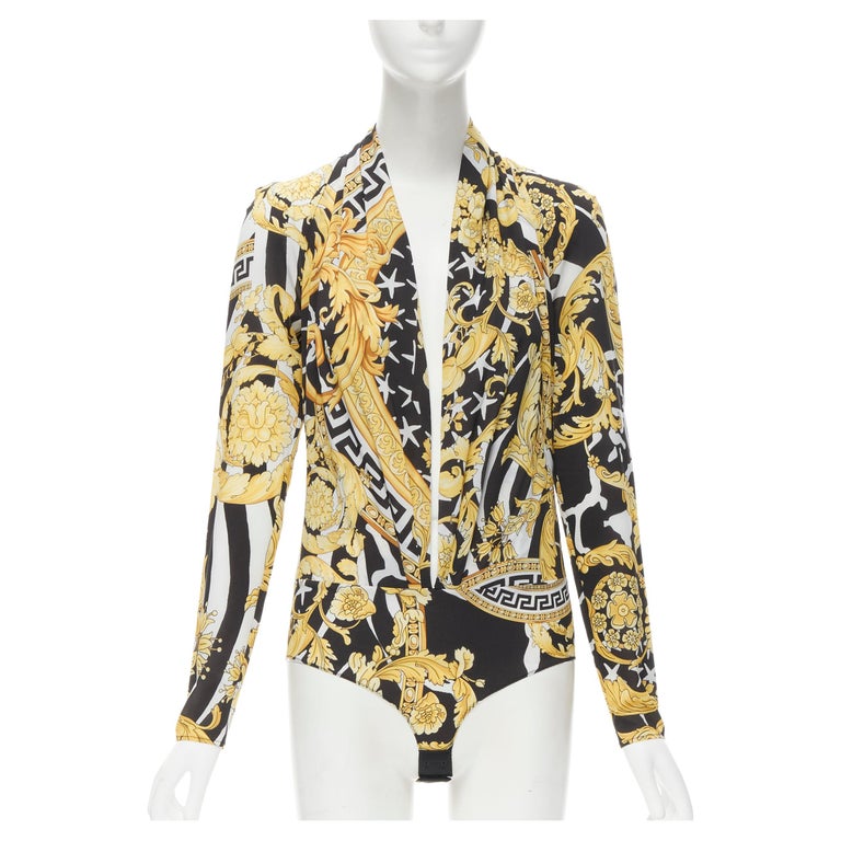 new VERSACE Savage Barocco black gold plunge neck bodysuit top IT38 XS ...