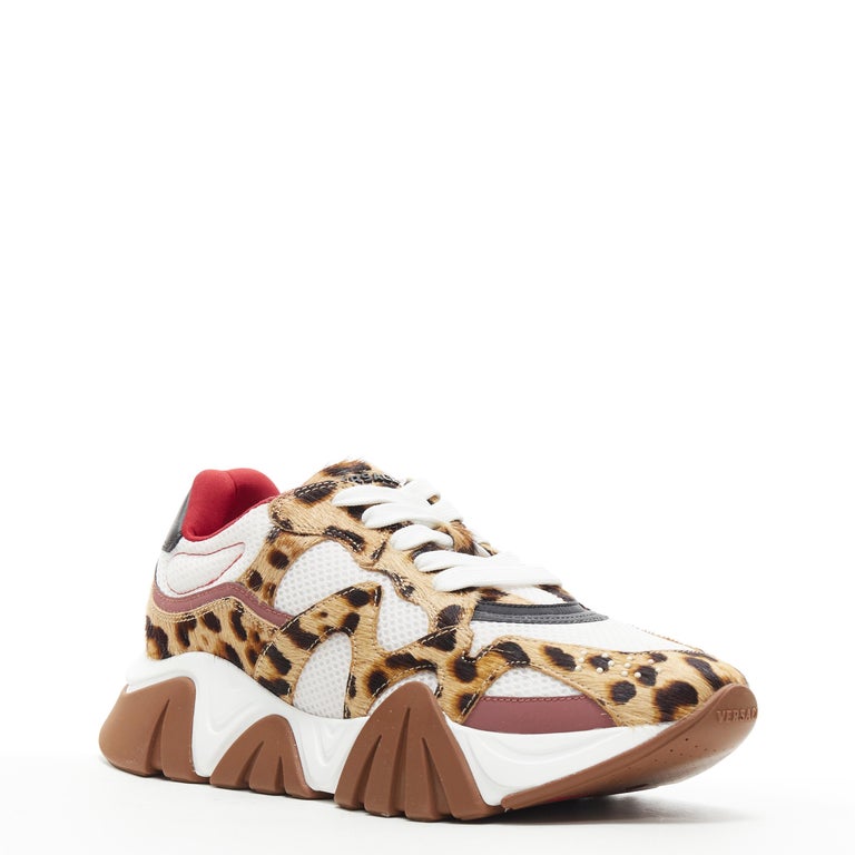 new VERSACE Squalo leopard calf hair low top sneakers For Sale at 1stDibs