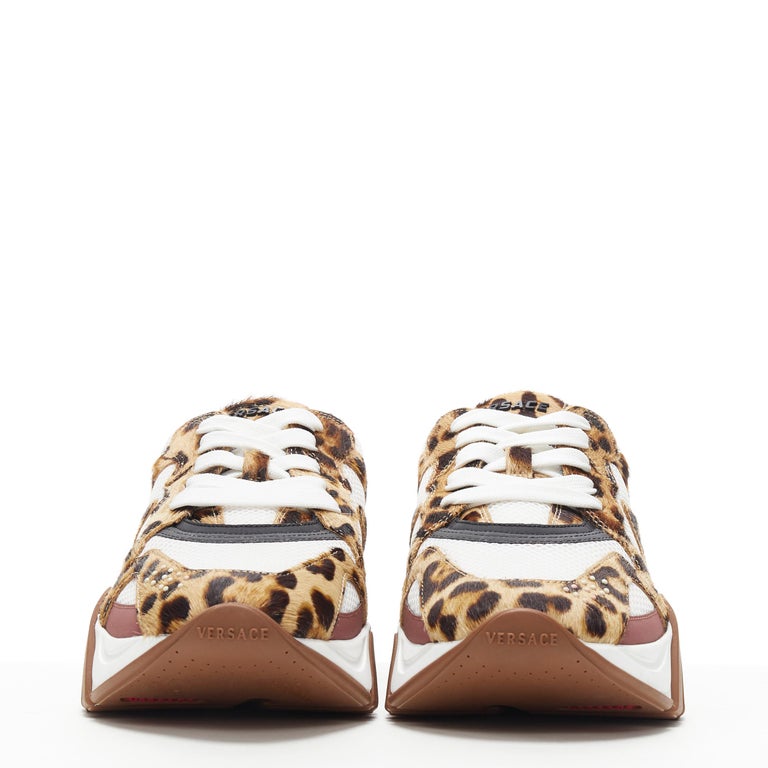 new VERSACE Squalo leopard calf hair low top sneakers For Sale at 1stDibs