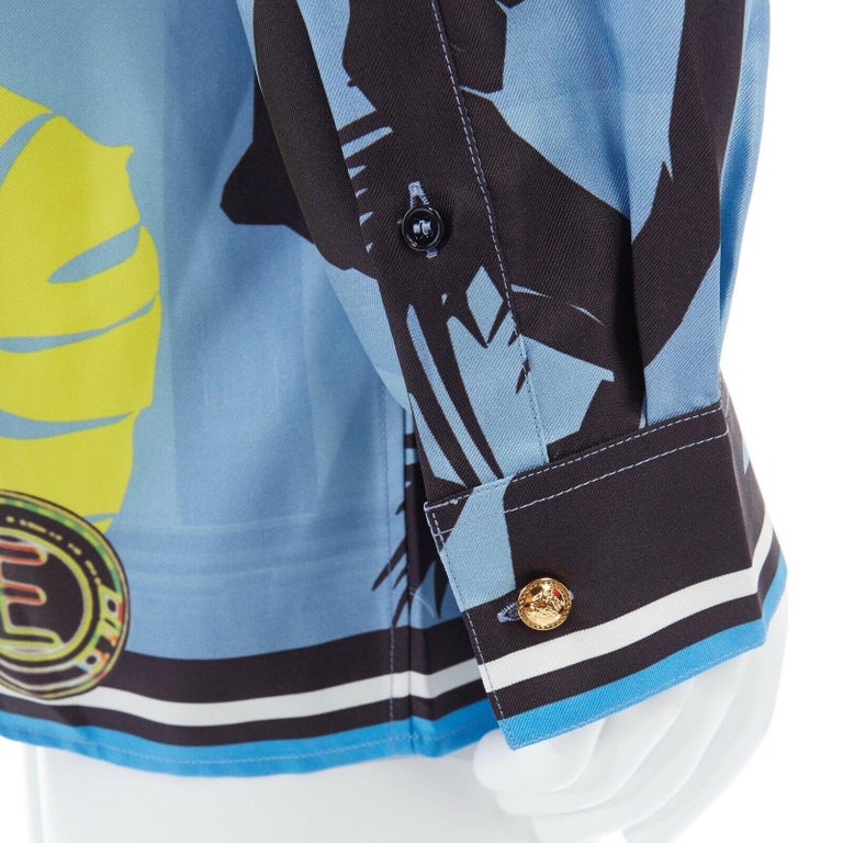 new VERSACE SS15 Cuba blue abstract print 100% silk gold medusa button ...
