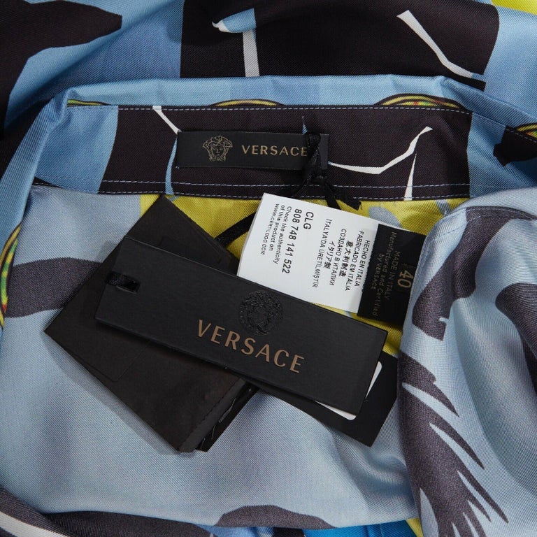 new VERSACE SS15 Cuba blue abstract print 100% silk gold medusa button ...