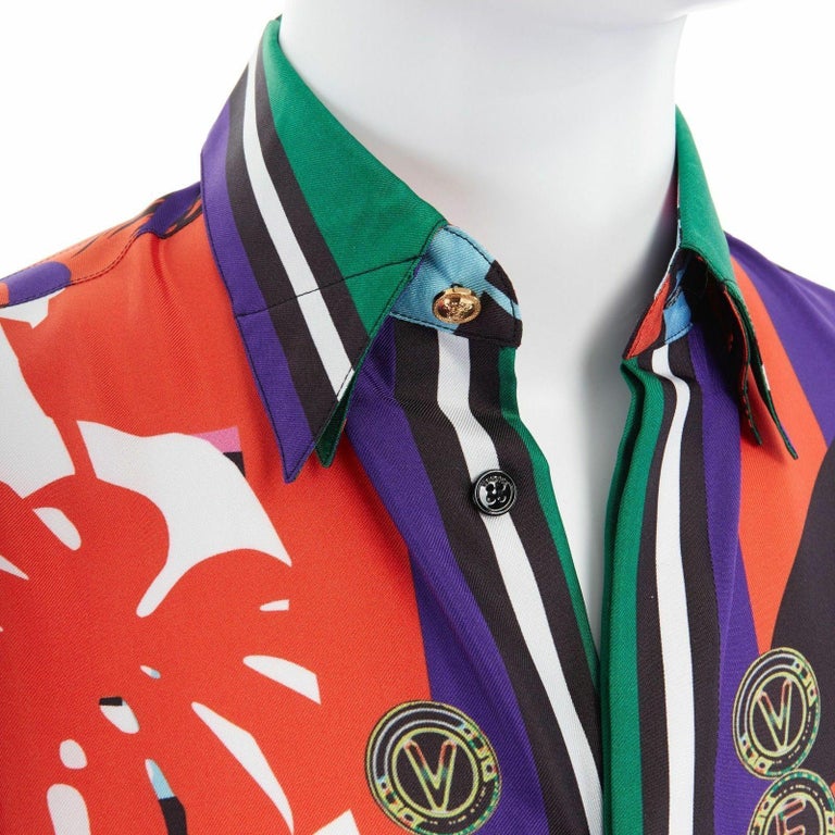 new VERSACE SS15 Cuba red abstract print 100% silk gold medusa button ...
