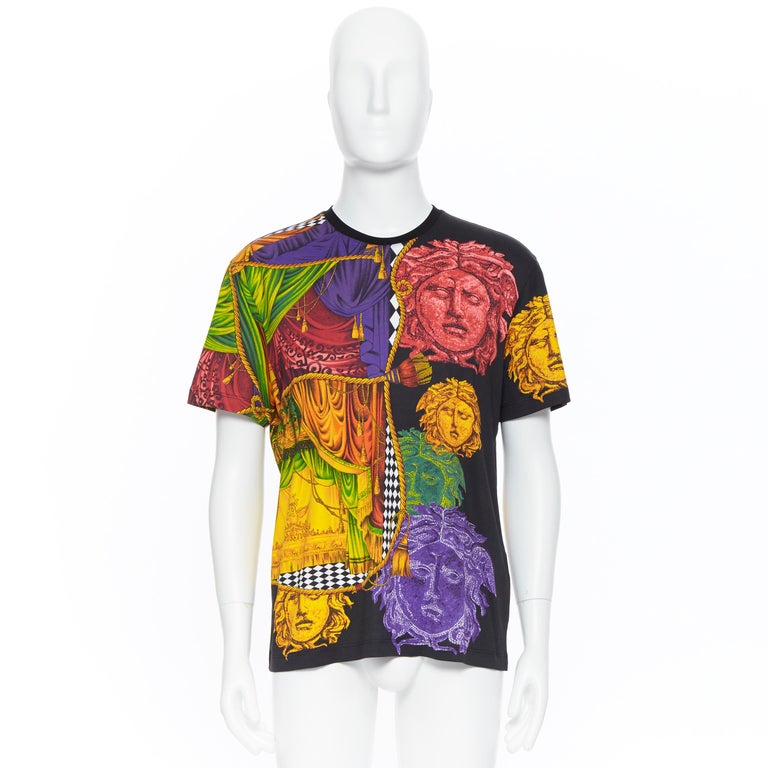 new VERSACE SS18 black cotton Medusa draped curtain gold rope print t ...