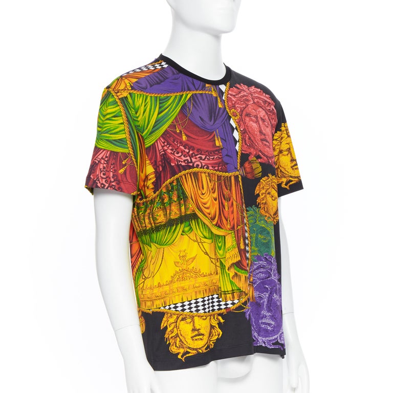 new VERSACE SS18 black cotton Medusa draped curtain gold rope print t ...