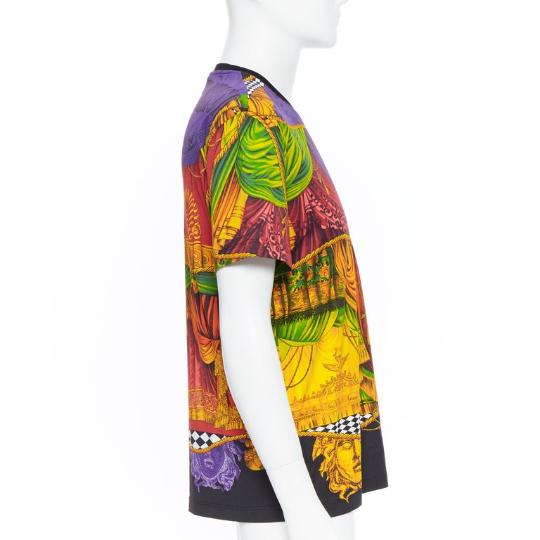 new VERSACE SS18 black cotton Medusa draped curtain gold rope print t ...