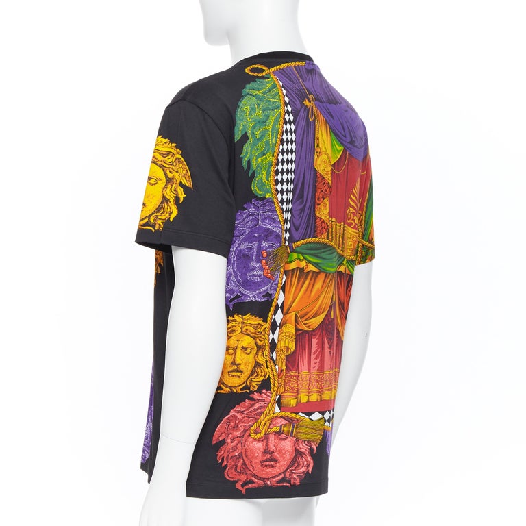 new VERSACE SS18 black cotton Medusa draped curtain gold rope print t ...
