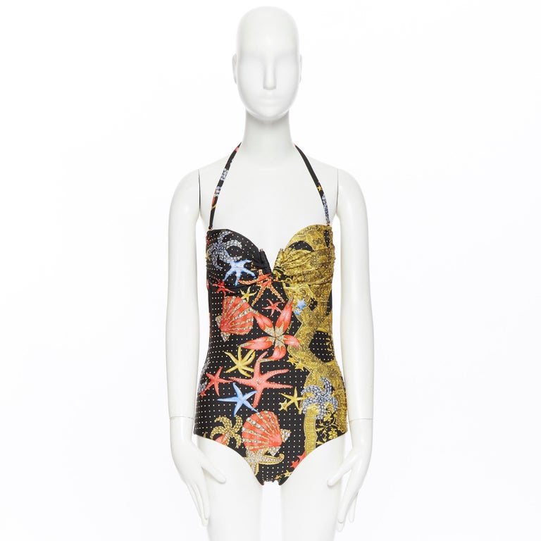 new VERSACE SS18 Tresor de la Mer gold studded padded one piece ...
