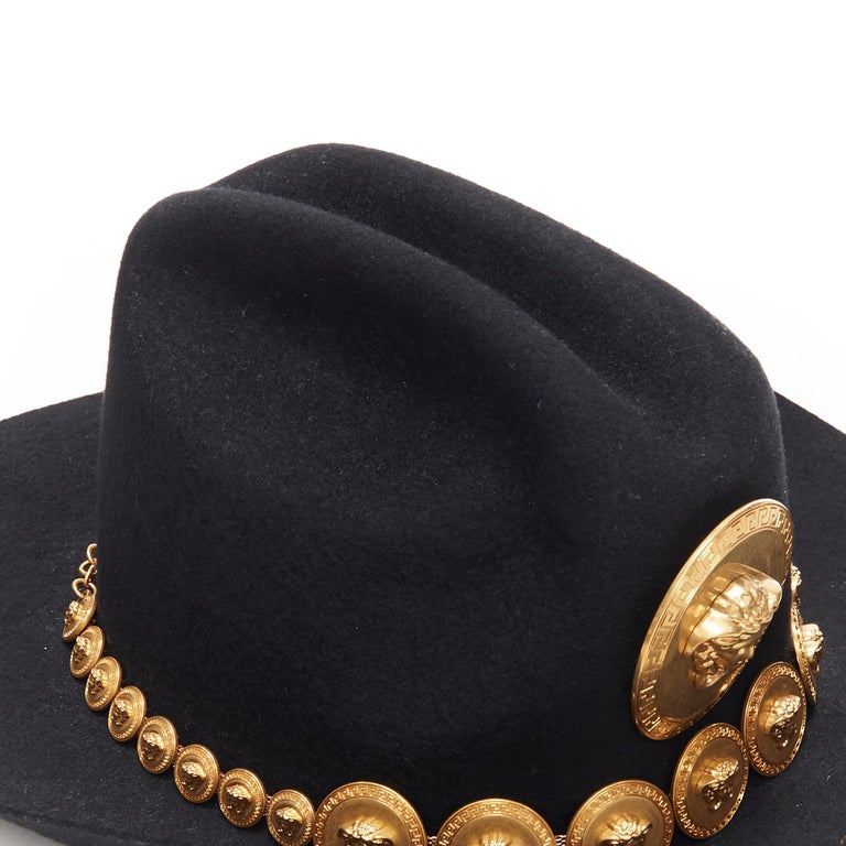 new VERSACE SS18 Tribute Runway black wool felt gold Medusa coin cowboy ...