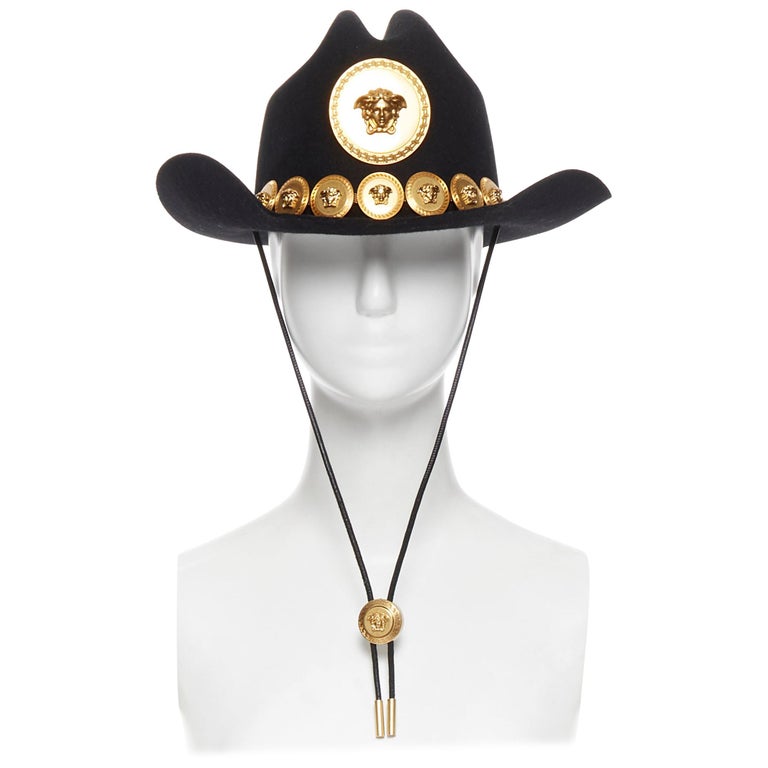 new VERSACE SS18 Tribute Runway black wool felt gold Medusa coin cowboy ...