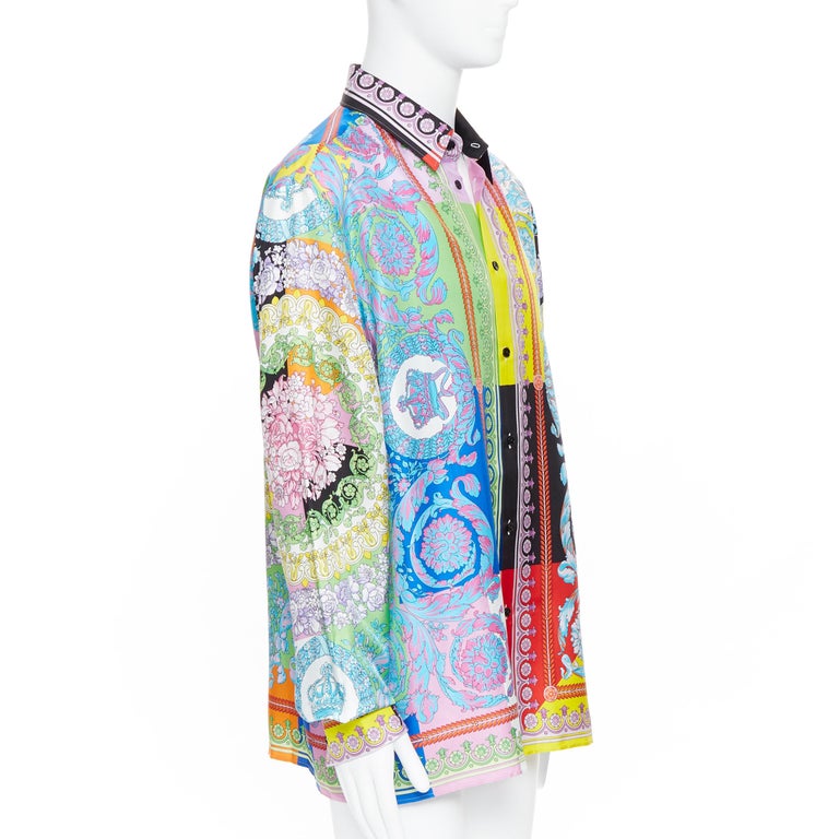new VERSACE SS19 100% silk Technicolor Baroque multicolor floral shirt ...