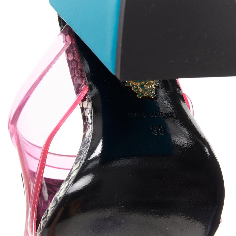 new VERSACE SS19 Runway pink PVC 90's logo square toe block high heel ...