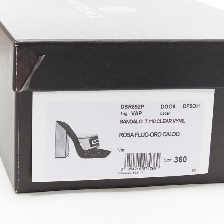 new VERSACE SS19 Runway pink PVC 90's logo square toe block high heel ...