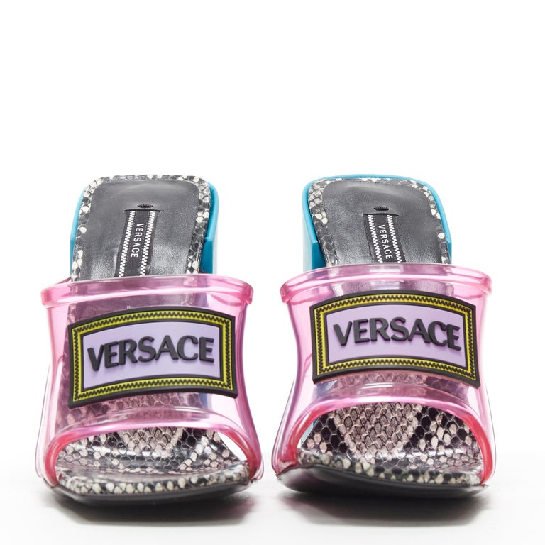 new VERSACE SS19 Runway pink PVC 90's logo square toe block high heel ...
