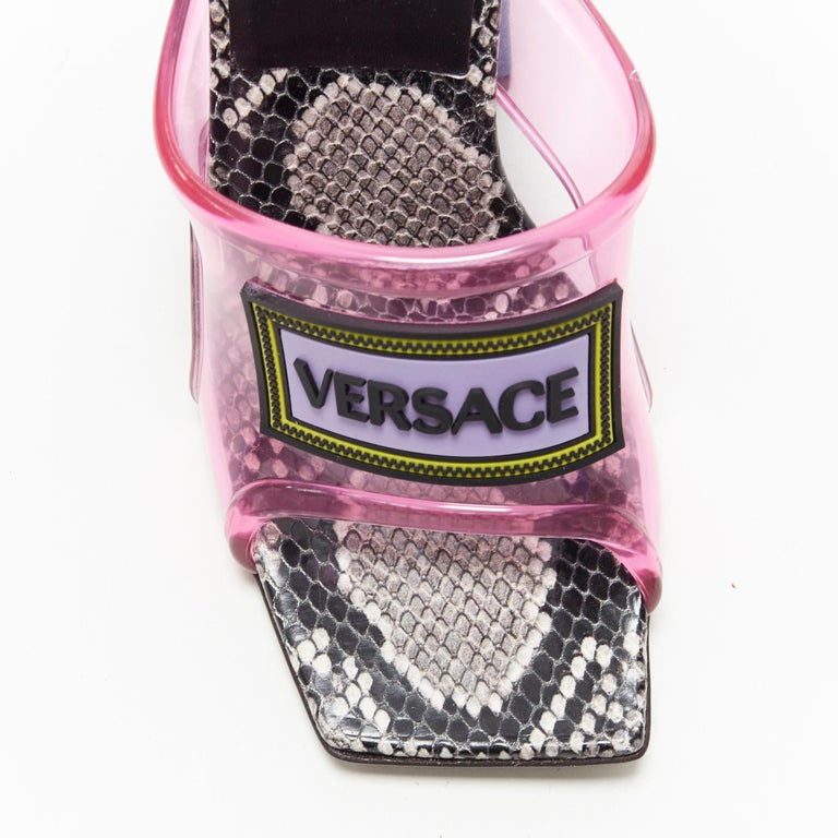new VERSACE SS19 Runway pink PVC 90's logo square toe block high heel ...