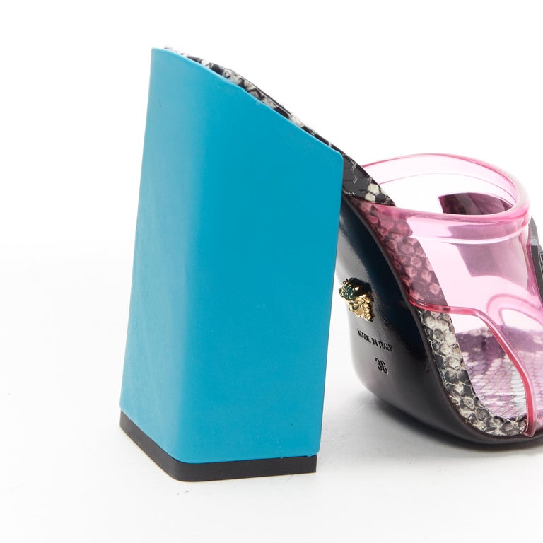 new VERSACE SS19 Runway pink PVC 90's logo square toe block high heel ...