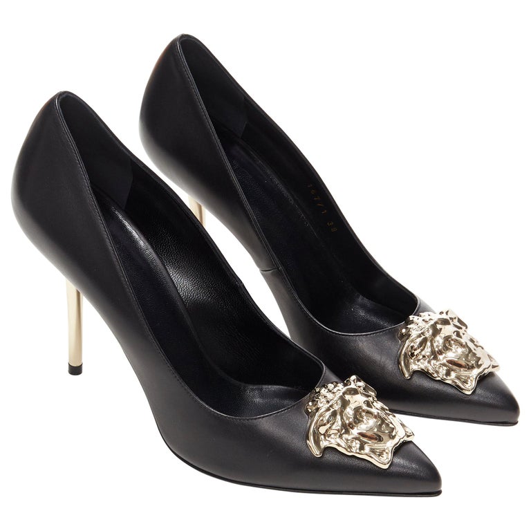 new VERSACE SS19 Runway pink PVC 90's logo square toe block high heel ...