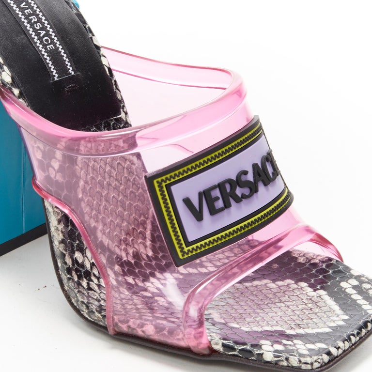 new VERSACE SS19 Runway pink PVC 90's logo square toe block high heel ...