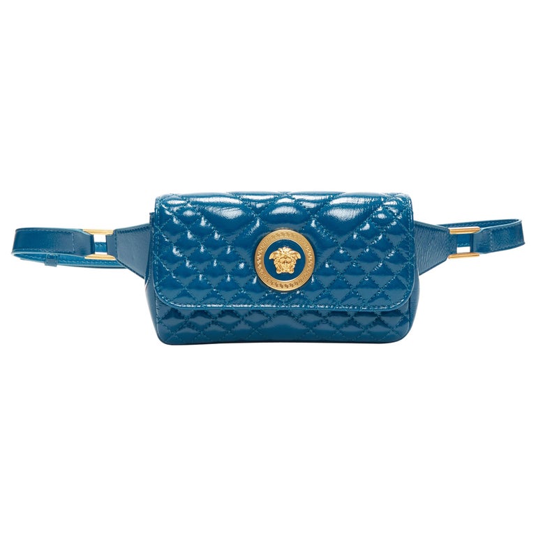 new VERSACE teal blue diamond quilted shiney lamb leather medusa small ...