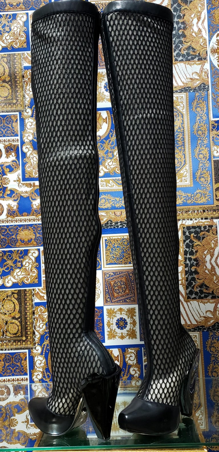 New Versace Thigh High Black Leather Mesh Boots 363840 For Sale At 1stdibs Versace Thigh