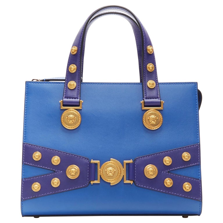 new VERSACE Tribute cobalt blue gold Medusa coin stud shoulder satchel ...