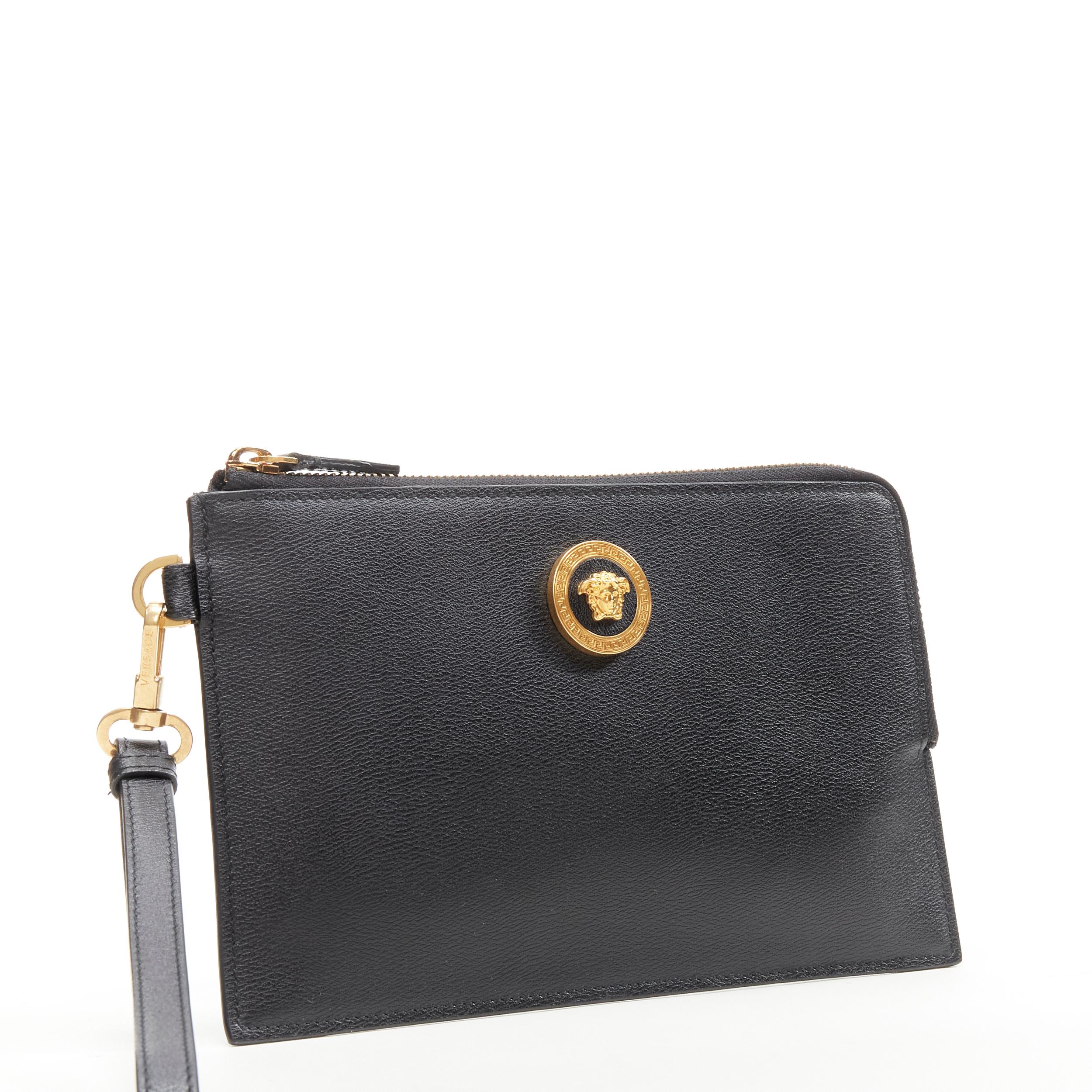 new VERSACE Tribute gold Medusa black leather small wristlet zip clutch ...
